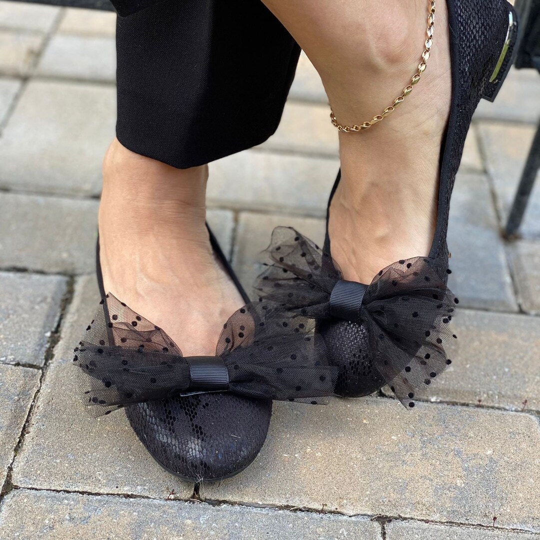 Black Polka Dots Tulle Bow Shoe Clips, Black Evening Shoes Clips, Shoe ...