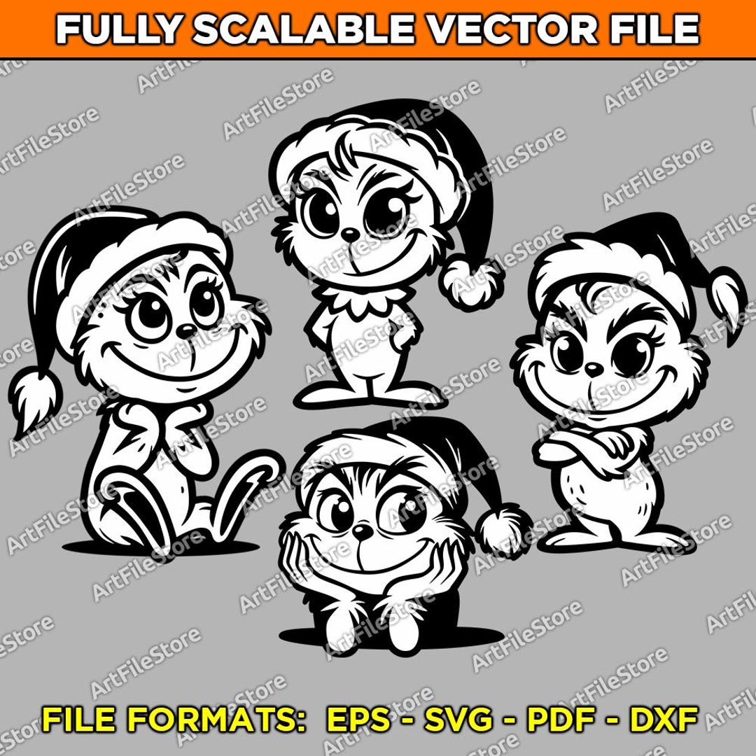 Cute Grinch Kawaii Vector Bundle | Cricut, Laser, Silhouette (digital ...