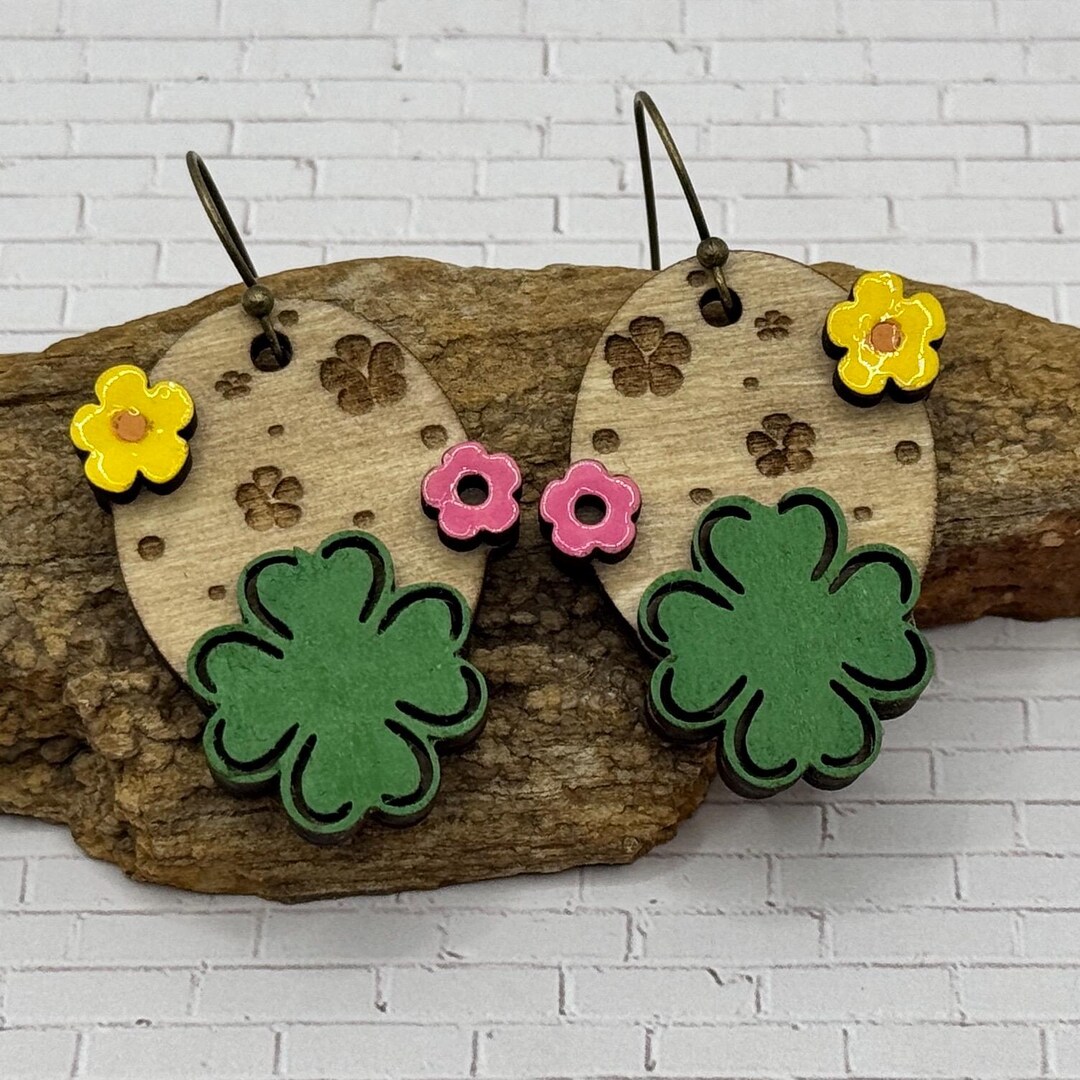 Hand-painted Shamrock Flower Earrings: Laser-cut Wood, Brass Wires - Etsy