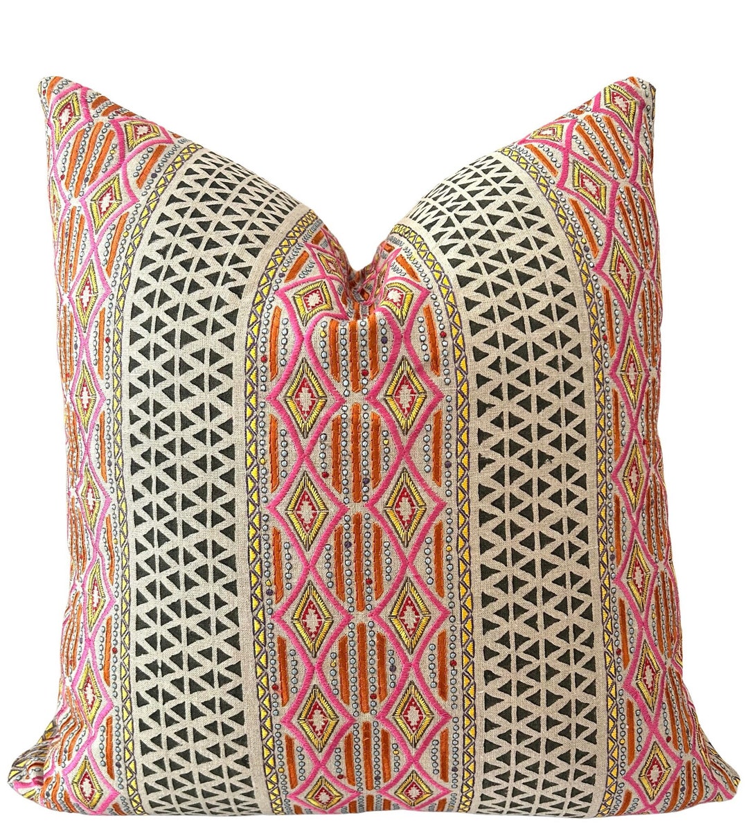 Pollack Priya Pillow Cover // Embroidered Pink Stripe Linen Pillow ...