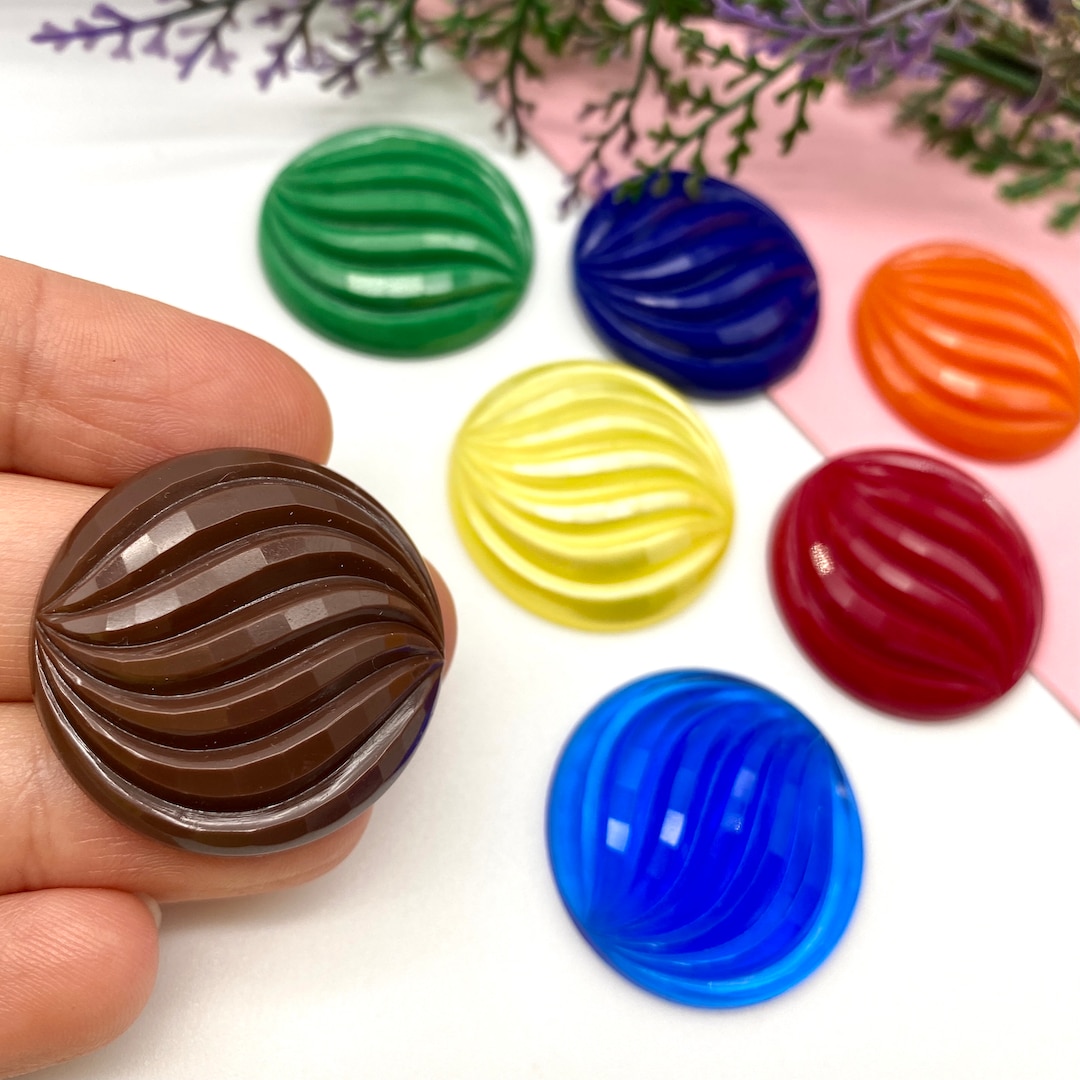 Vintage Fluted Flat Back Cabochons (10 Pcs ) , 30mm Round Lucite Cabs ...