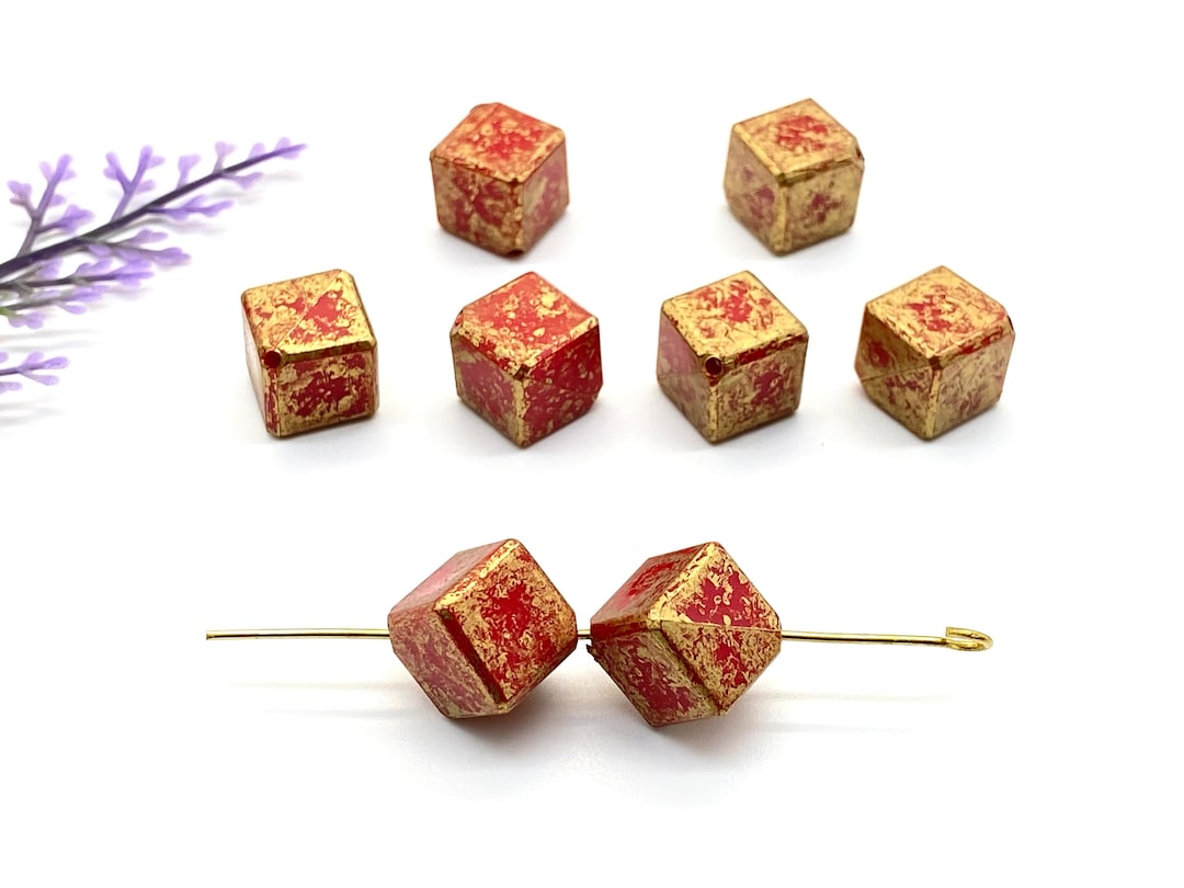 Vintage 1980s West German Plastic Cube Beads - Red With Gold Sparkle ...