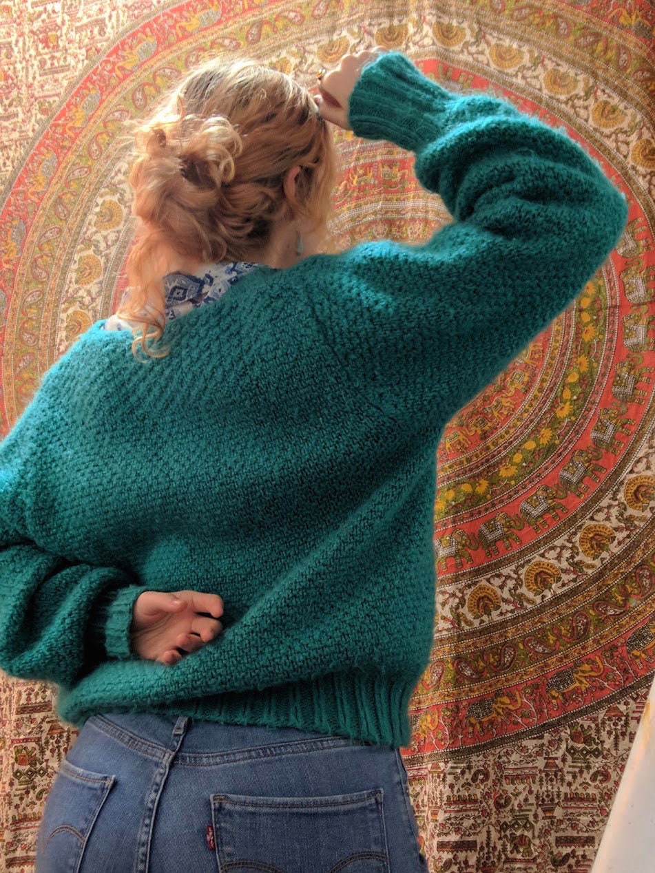 Vintage Fuzzy Knitted Turquoise Teal Sweater - Etsy