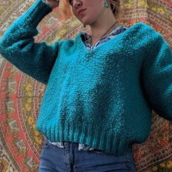Vintage Fuzzy Knitted Turquoise Teal Sweater Etsy