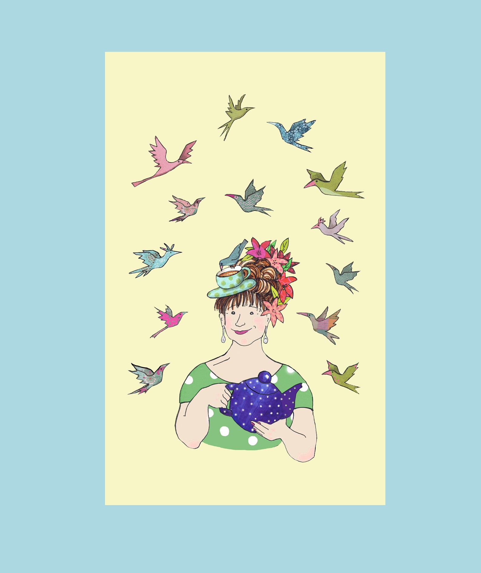 Fancy a Cuppa TEATOWEL.A Happy Lady With a Great Hairdo and a Pot of ...