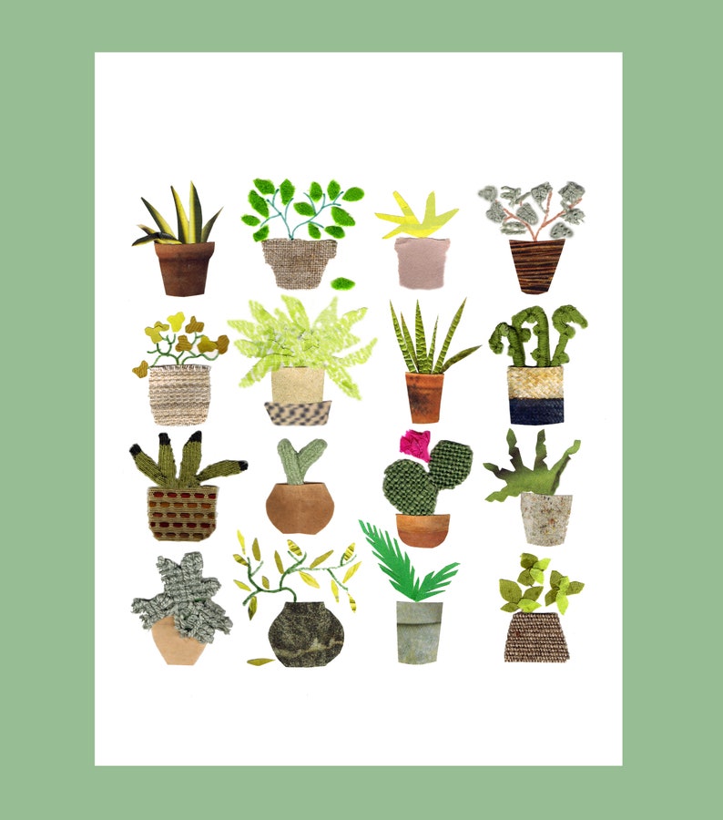 A4 Print of POTTY PLANTS, 16 Jolly Little Plants in Pots . A Bright ...