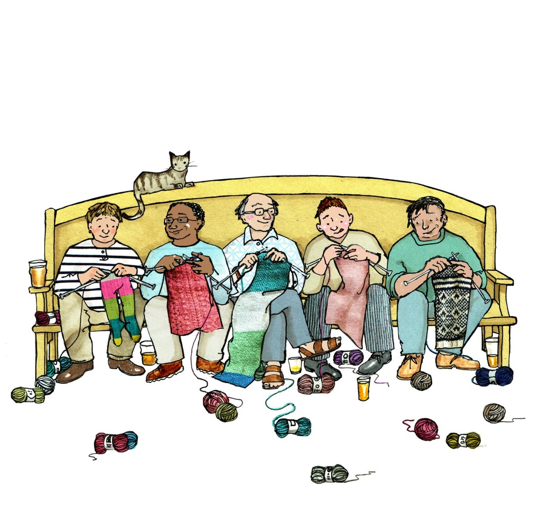 KNITTING :gently Humorous Card Showing a Group of Gents Sit ...