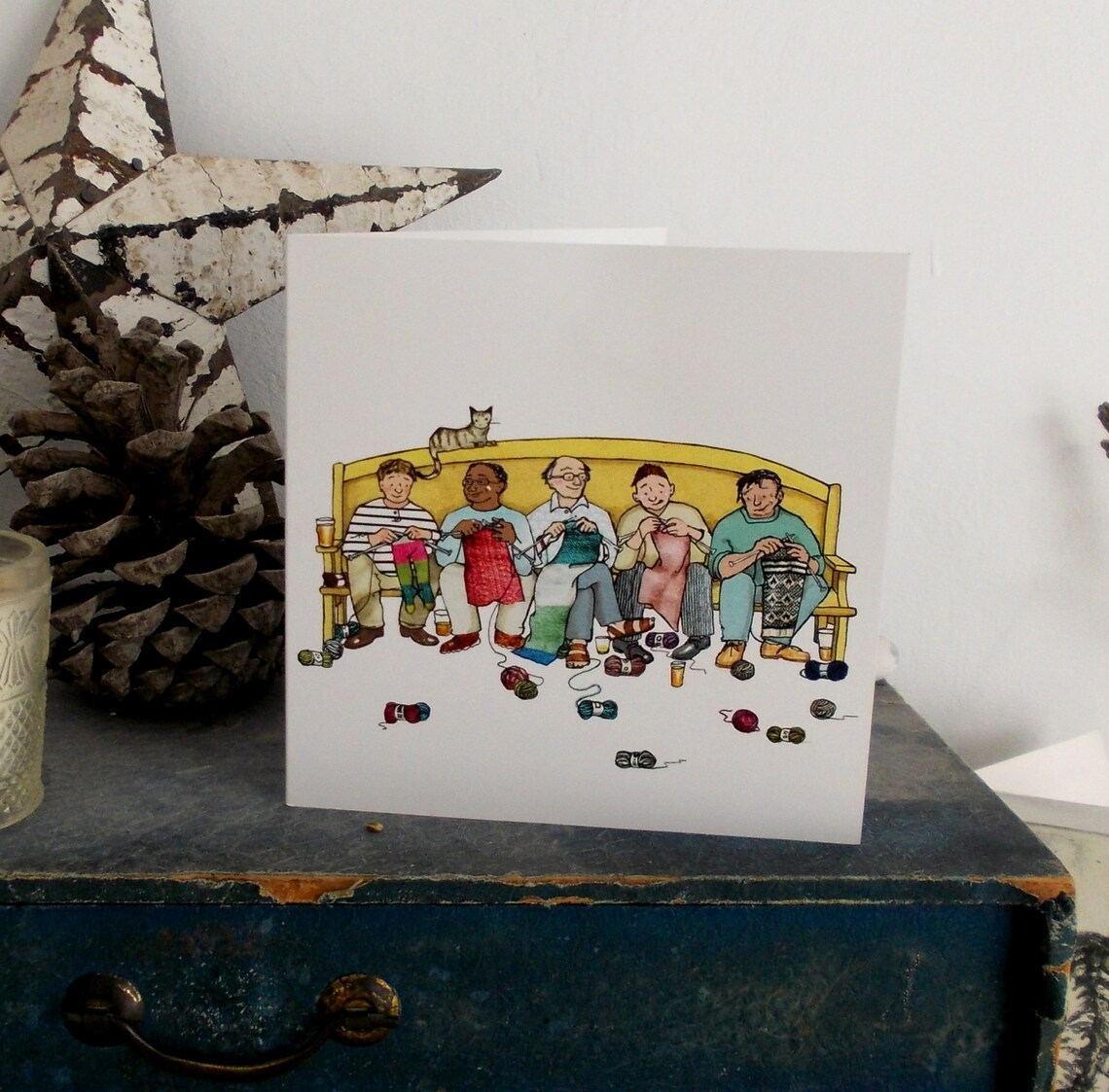 KNITTING :gently Humorous Card Showing a Group of Gents Sit ...
