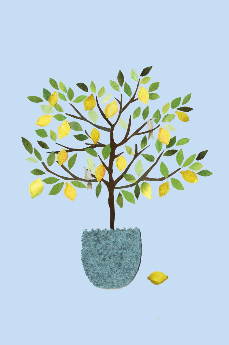 Lemon Tree TEA TOWEL, A Very Simple Little Lemon Tree in a Blue Pot .A ...