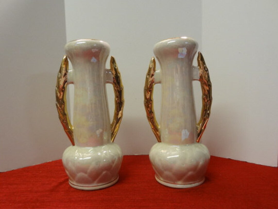 Set of Two Iridescent Lusterware Vases/urns W/gold Handles - Free ...