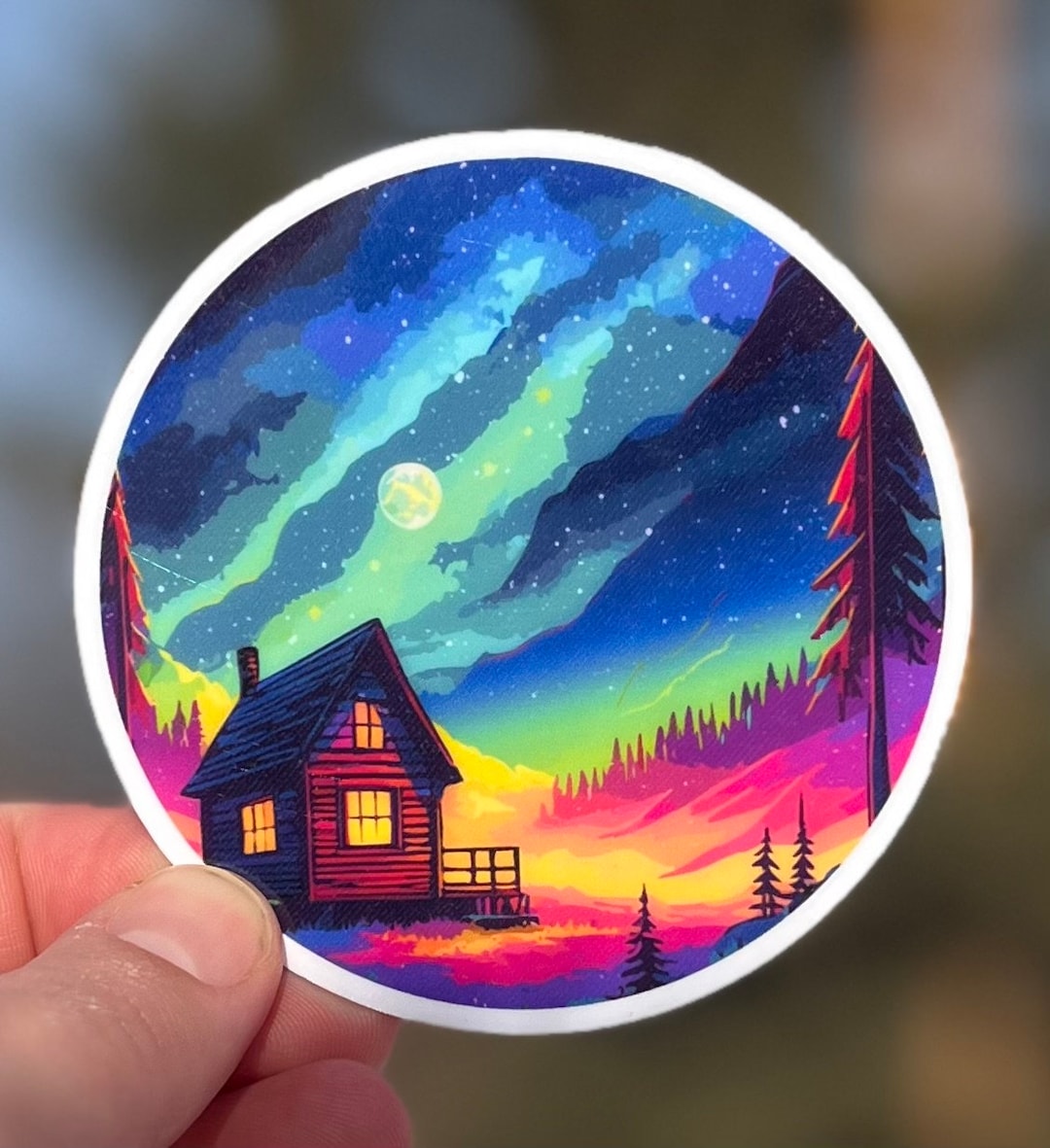 Cabin in the Woods, Night Sky, Vibrant Coloured Sticker. - Etsy