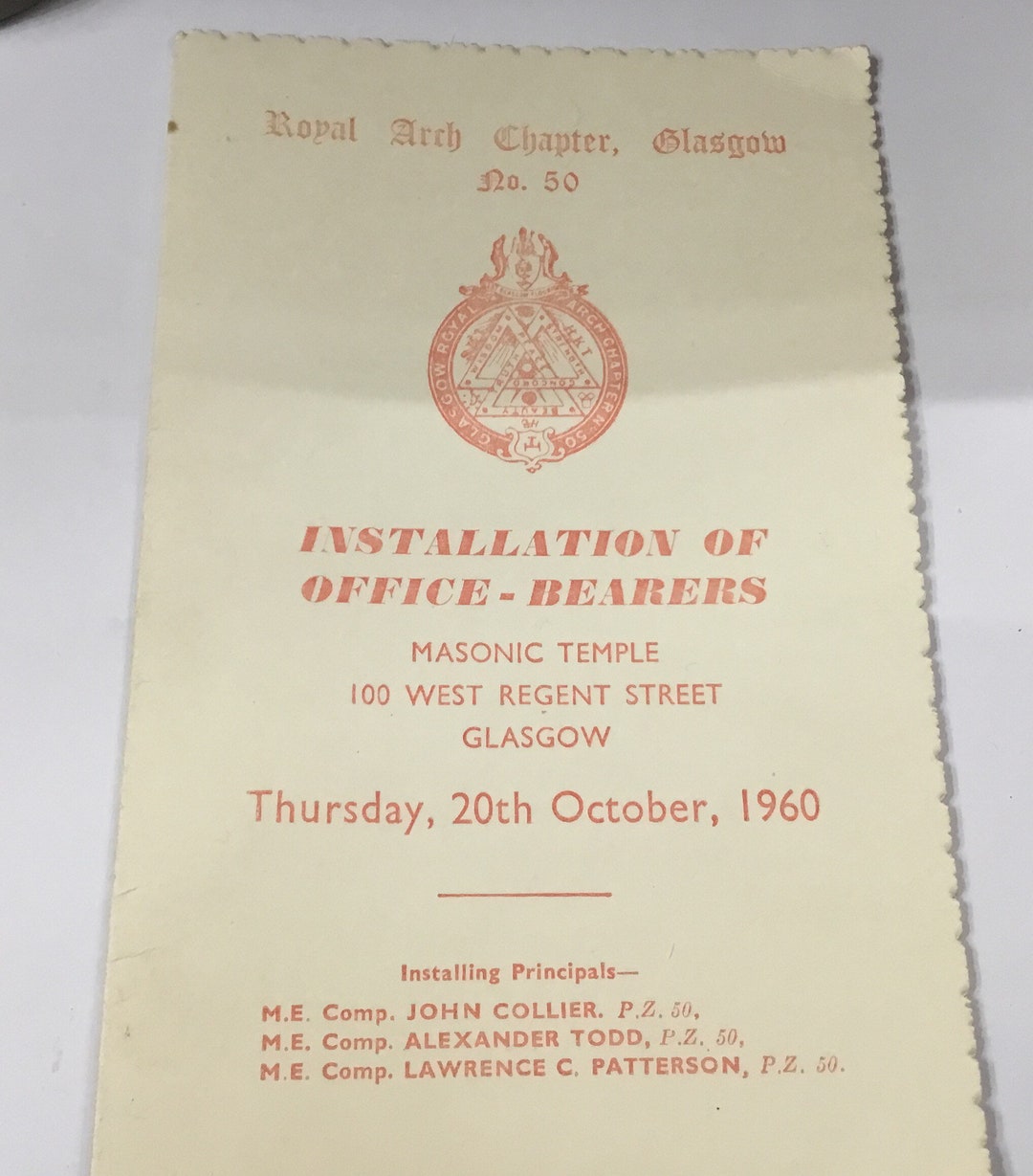 L42 Vintage October 1960 Printed Masonic Installation Pamphlet, Royal ...