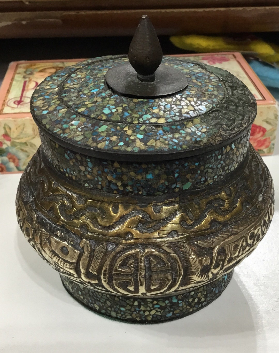 L61 an Antique Tibetan/indian/chinese Tea Caddy, Inlaid Turquoise ...