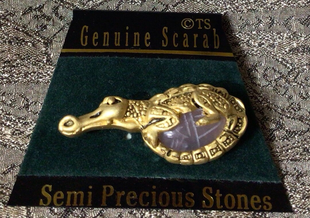 W184 New Old Stock Genuine Scarab Pink Semi Precious Stones Crocodile ...