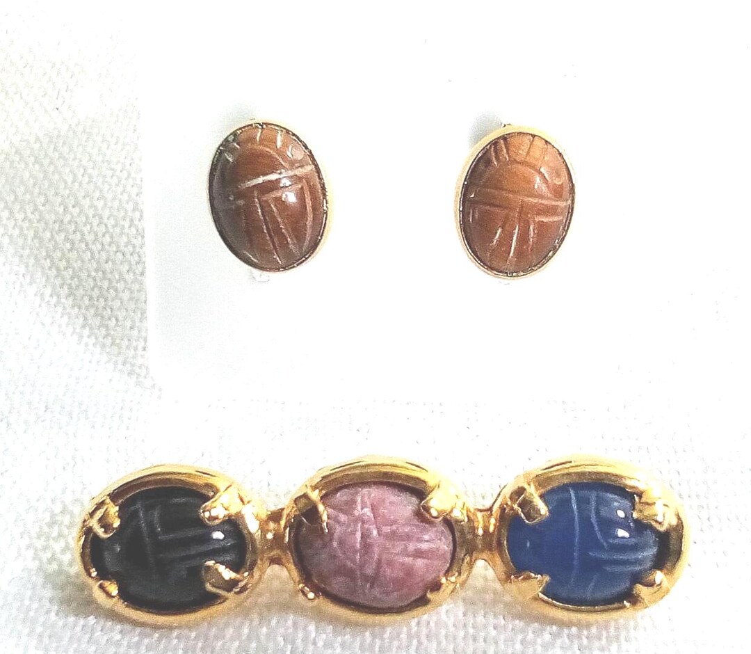 Joli ensemble de broches et boucles d'oreilles en agate scarabée K111 ...