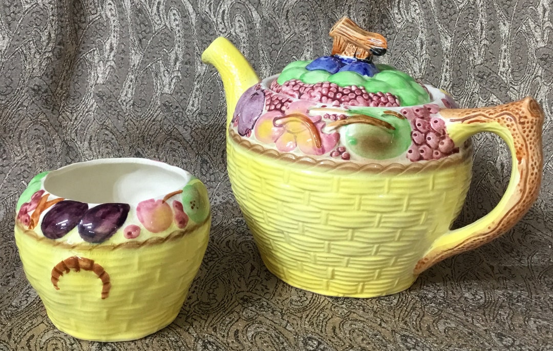 W73 Vintage Hand Painted Avon Ware Majolica Fruit Teapot With Sugar ...