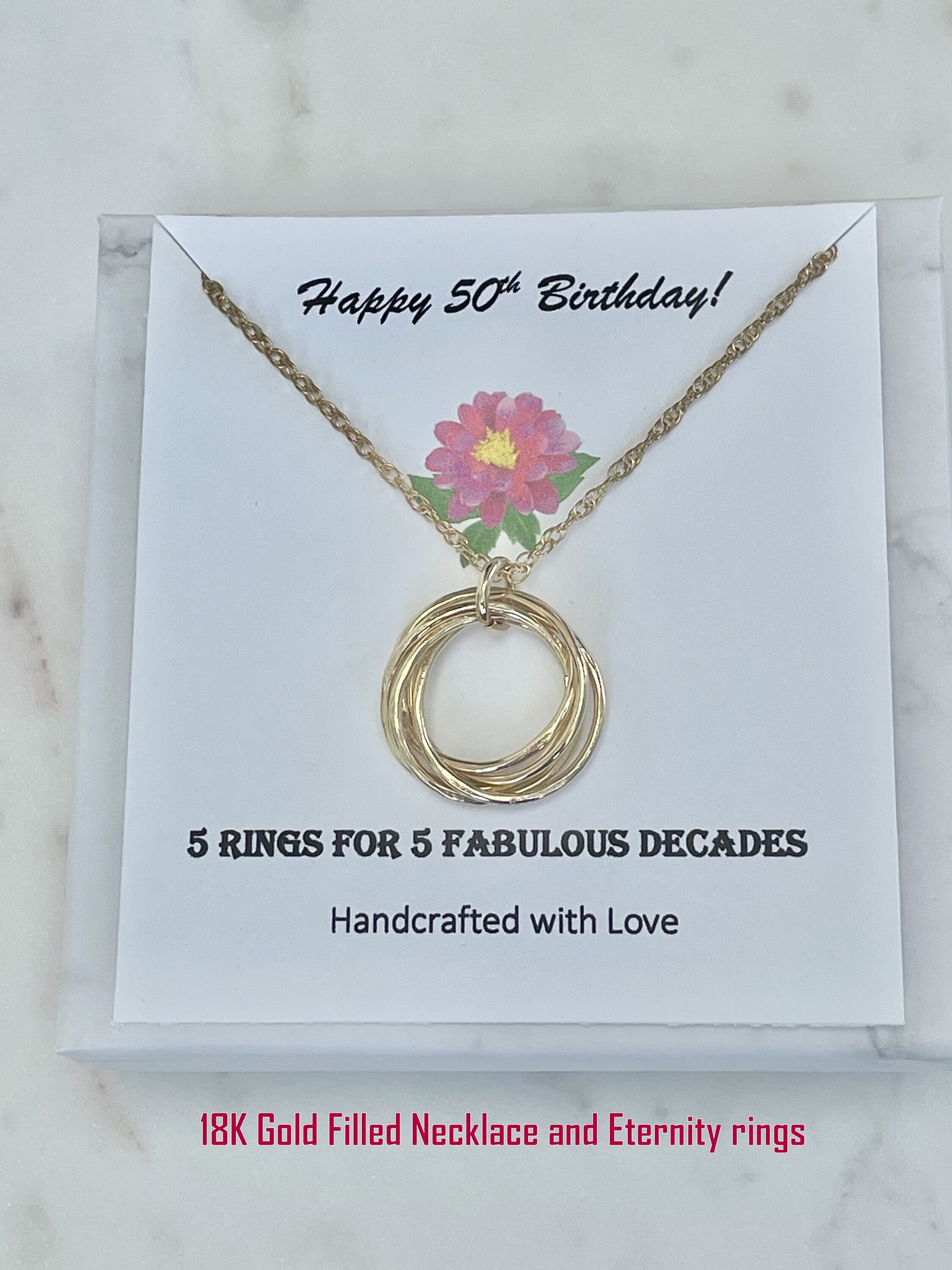 50th Birthday Gift for Women 5 Ring for 5 Decades 5 Links Necklace 18K Gold Filled Necklace Sterling Silver Gift for Wife for Birthday