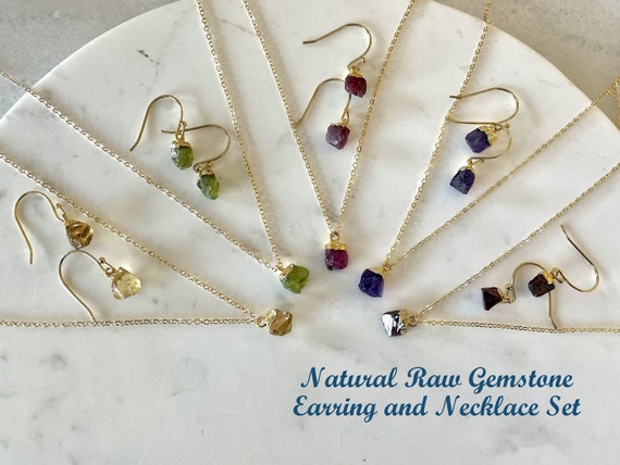 Mothers Day Gift for Her Gemstone Custom Birthstone Necklace and Earring Set Raw Stone Jewelry Gift for Wife Girlfriend Personalized Gift Etsy