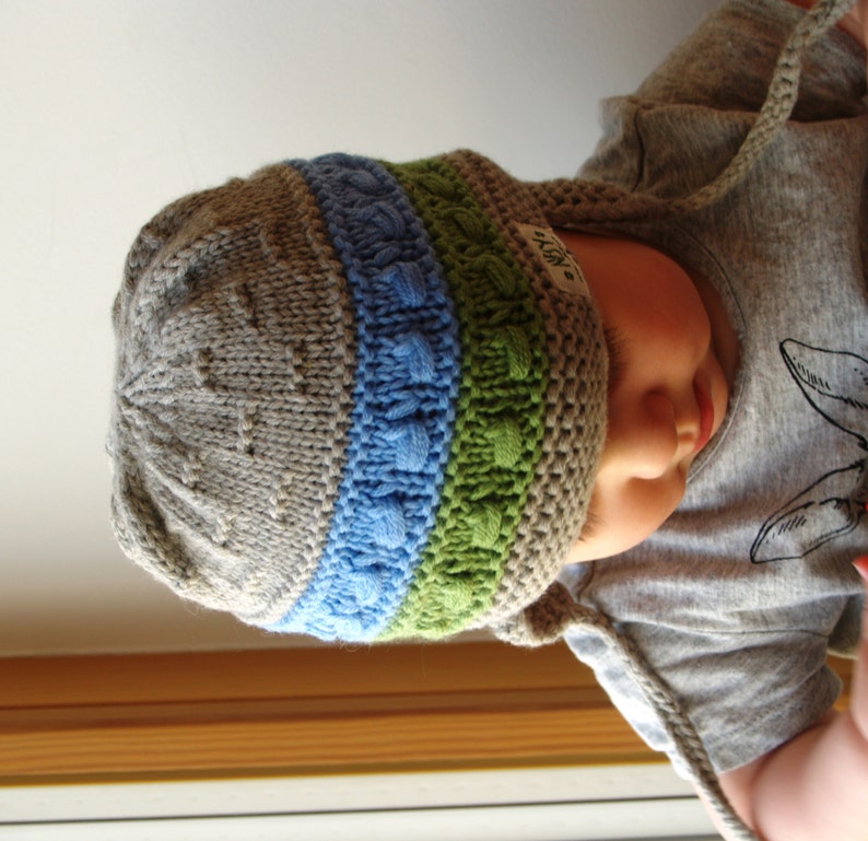 Grey Green Blue Knit Bonnet for Baby Boy. Merino Wool Earflap Hat for ...