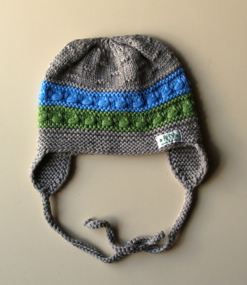 Grey Green Blue Knit Bonnet for Baby Boy. Merino Wool Earflap Hat for ...