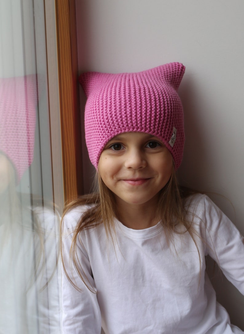 Pink Winter Cat Cap Warm Hand Knit Hat Solid Color Kitty | Etsy