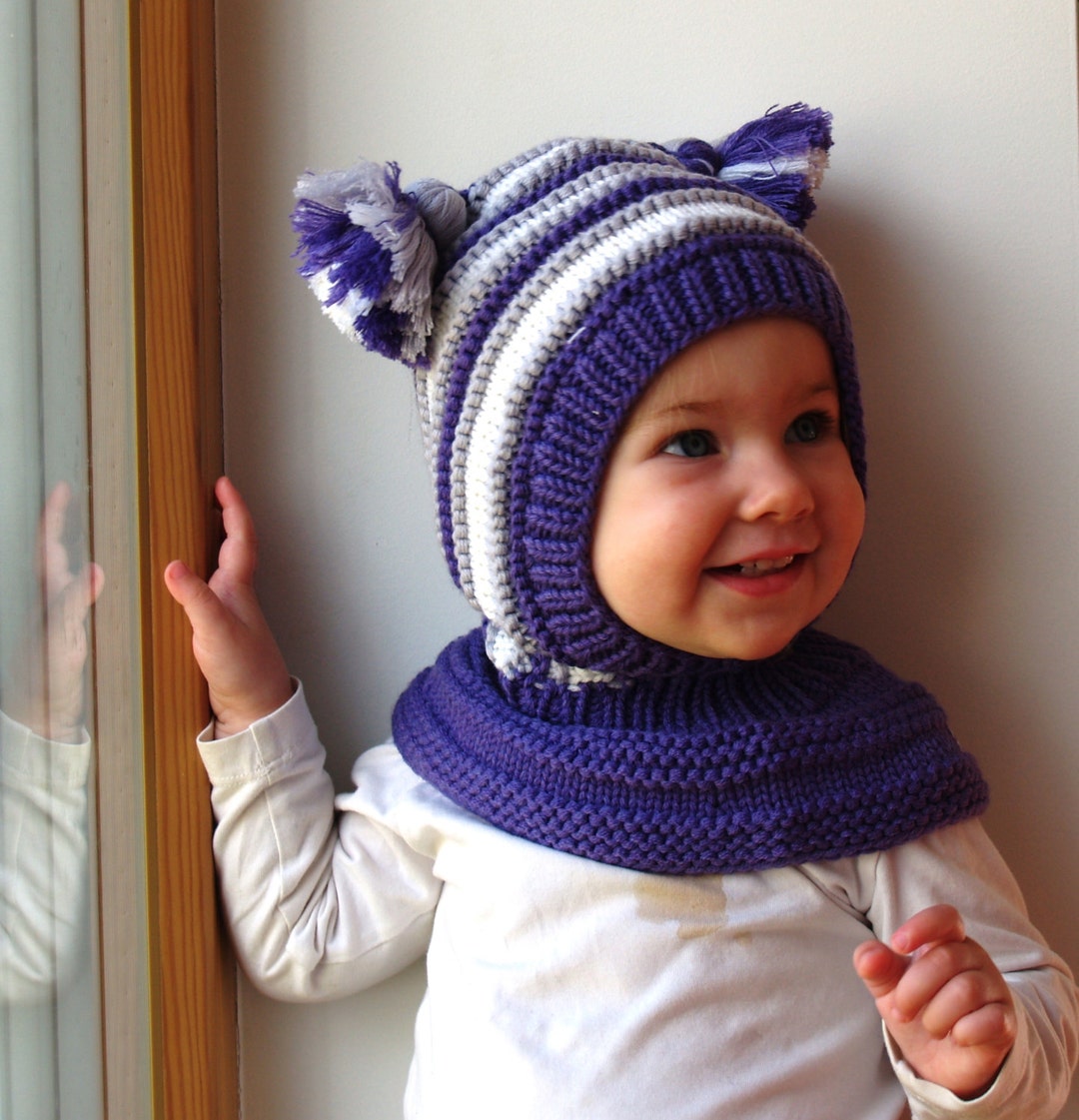 Merino Wool Balaclava, Baby/ Toddler Hoodie Hat With Pom Poms, Purple ...