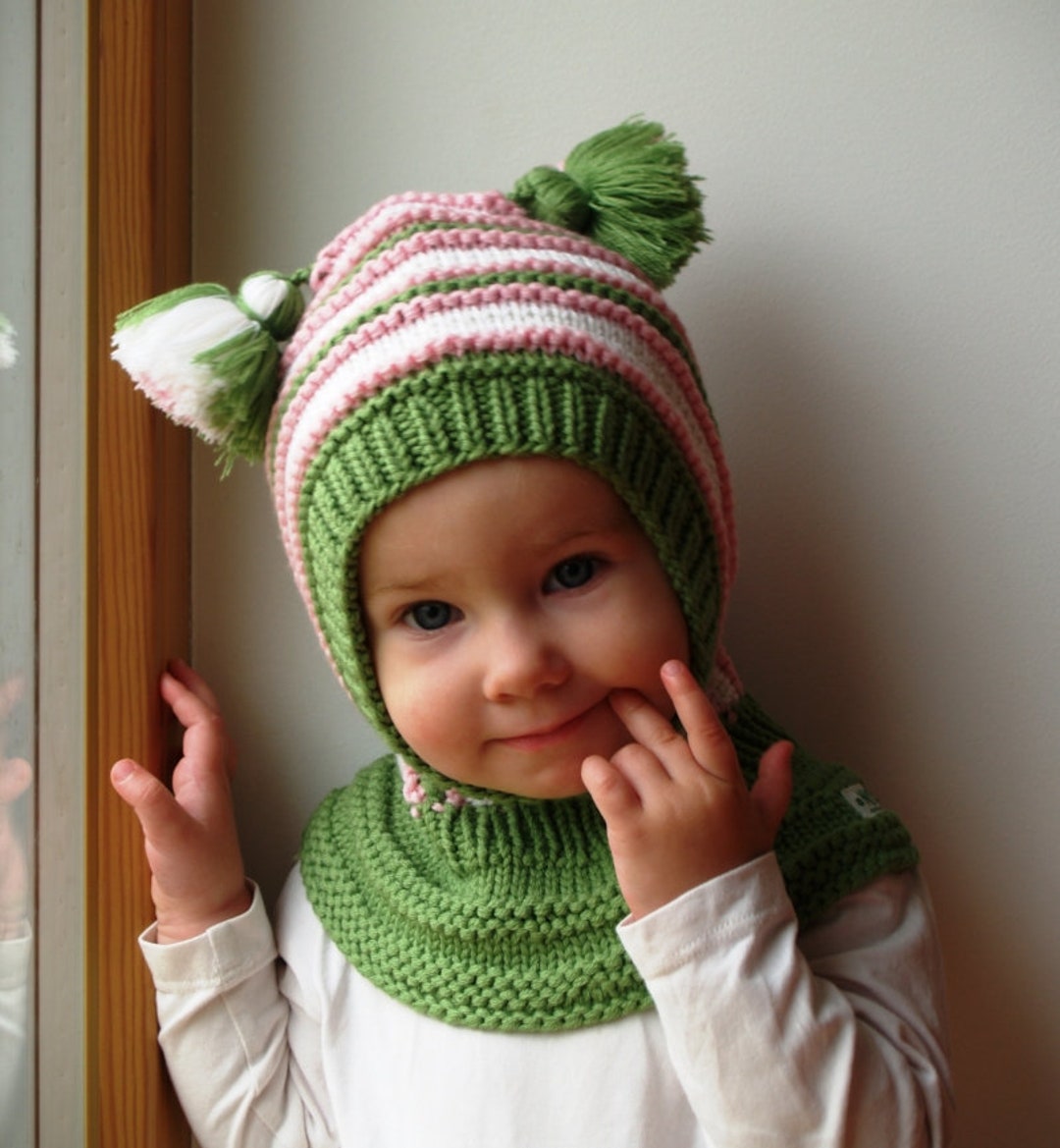 Merino Wool Winter Balaclava, Baby/ Toddler Hoodie Hat With Pom Poms ...