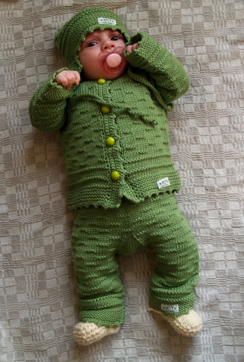 Hand Knit Baby/ Toddler Sweater Set in Bright Green - Jacket, Romper ...
