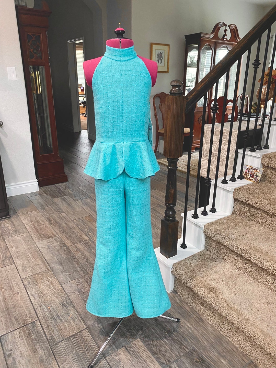 Pageant Jumpsuit, Girls 7, Aqua Designer Tweed, Halter Big Bell Bottoms ...