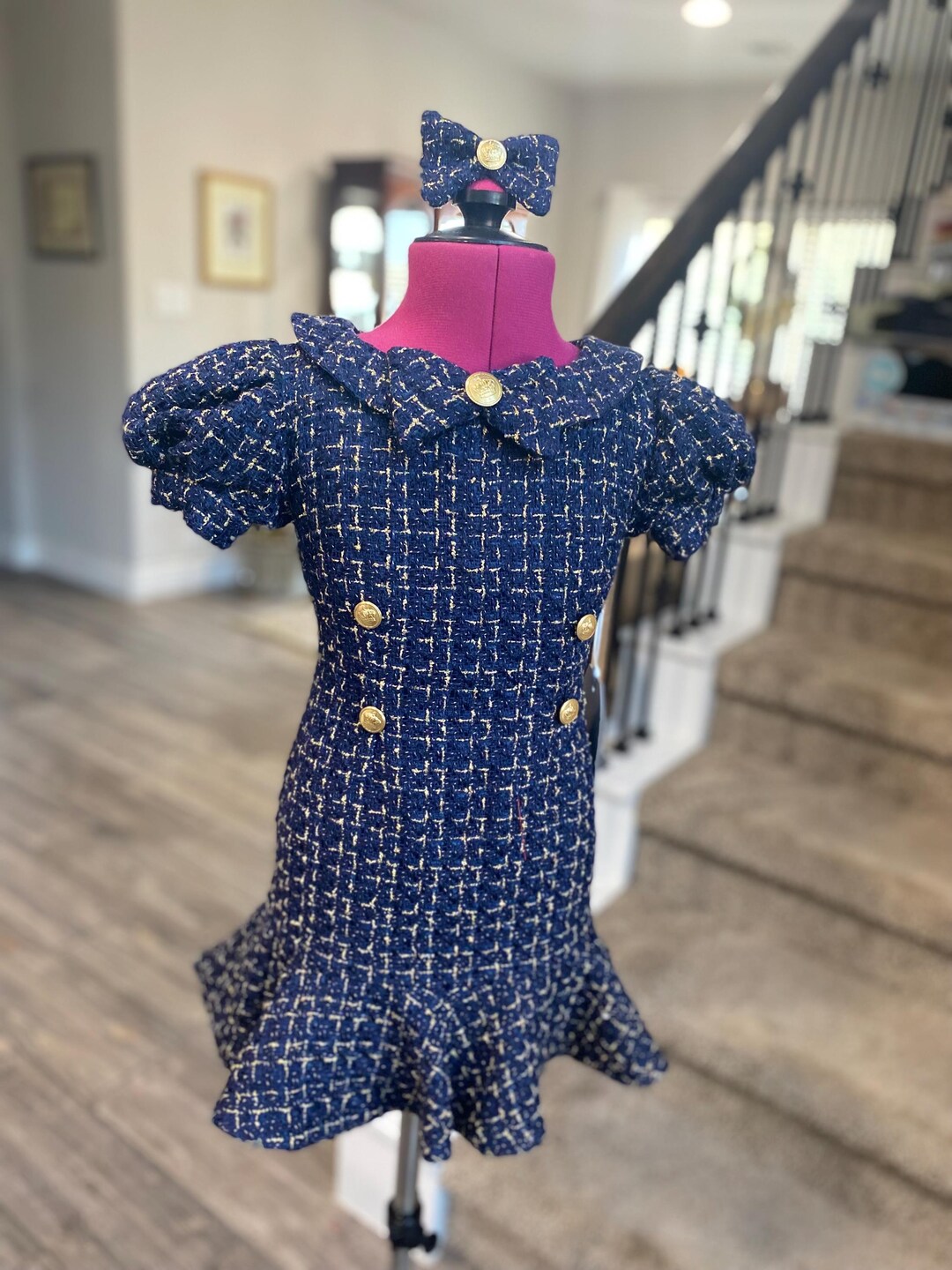 Girls Pageant Interview, Size 5, Navy/ Gold Tweed, Flounce Puff Sleeve ...