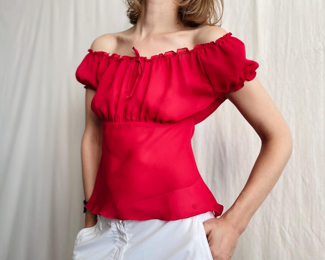 Vintage Red Sheer Puff Sleeve Smock Blouse in Red, Feminine 90s Y2K Off ...