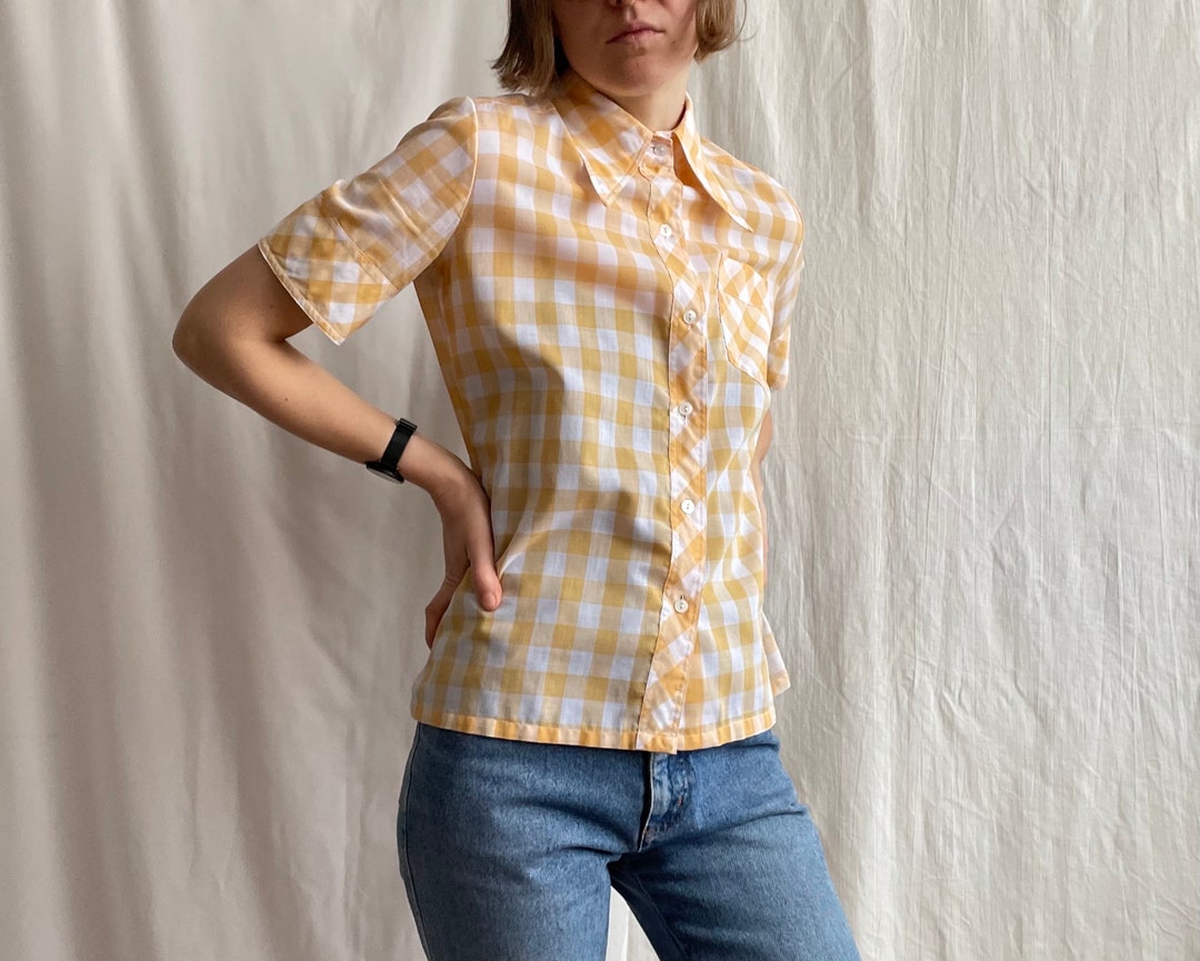 Vintage Short Sleeve Yellow Check Shirt 70s Plaid Dagger - Etsy