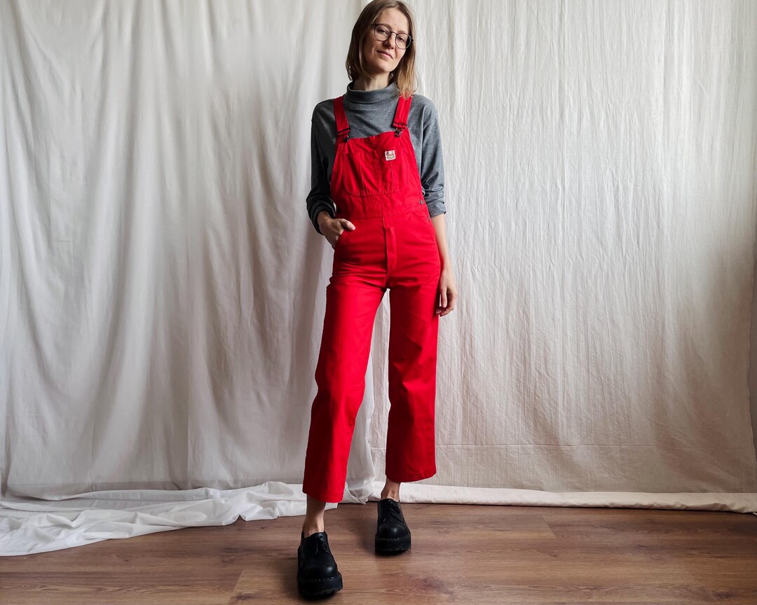 Vintage Fun Bright Red Dungarees, Straight Wide Leg Canvas Clowncore ...