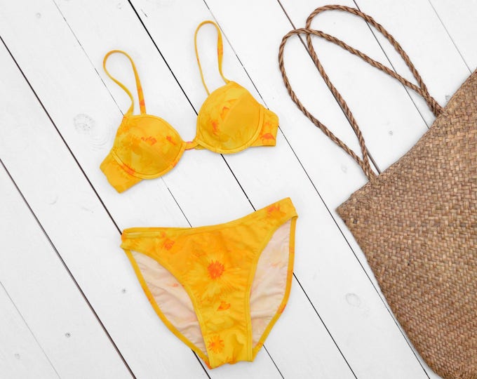 Vintage Bright Yellow Bikini Swimsuit Floral Watercolor Bright - Etsy