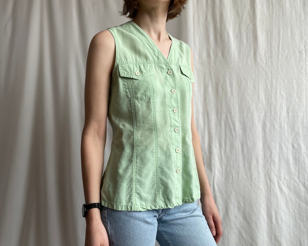Vintage Sleeveless Button Front Summer Top, V-neck Viscose Blouse ...