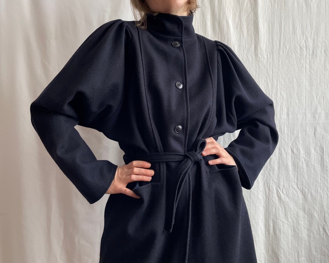 Vintage Navy Wool Puff Sleeve Midi Coat With Pockets, Stand Collar ...