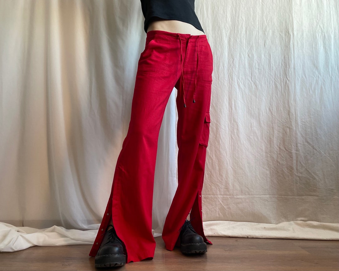 Vintage Wide Leg Linen Cargo Pants, Bold Y2k Relaxed Fit Trousers With ...