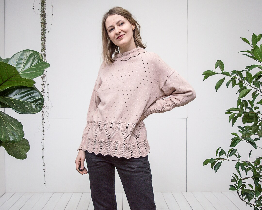 Vintage Powder Pink Cottagecore Sweater, Lacey Knit Scallop Hem High Neck Pullover in Pastel ...