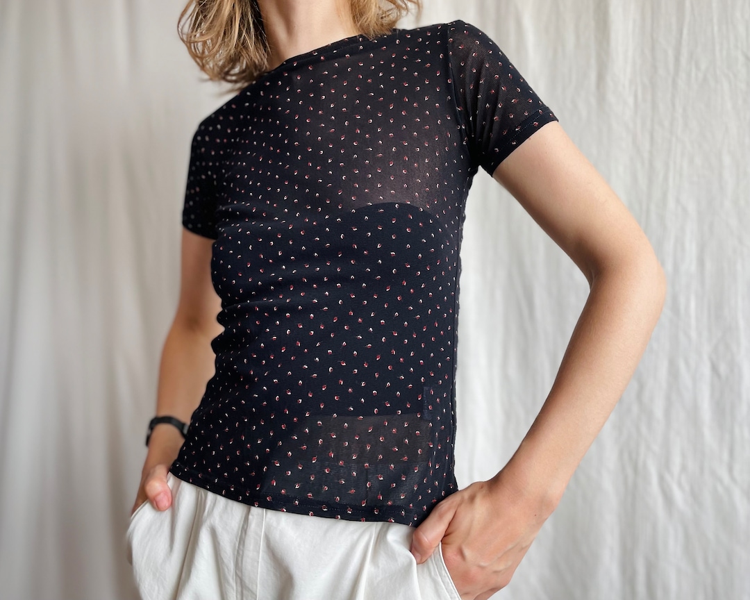 Vintage Black Fitted Sheer Mesh Top, 90s Y2K Printed Short Sleeve ...