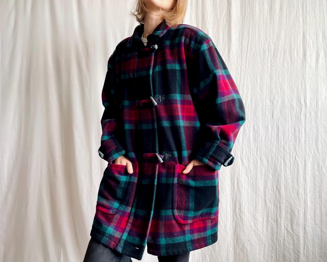 Vintage Bold Plaid Hip-length Coat With Shoulder Pads, 80s Dark Bright ...