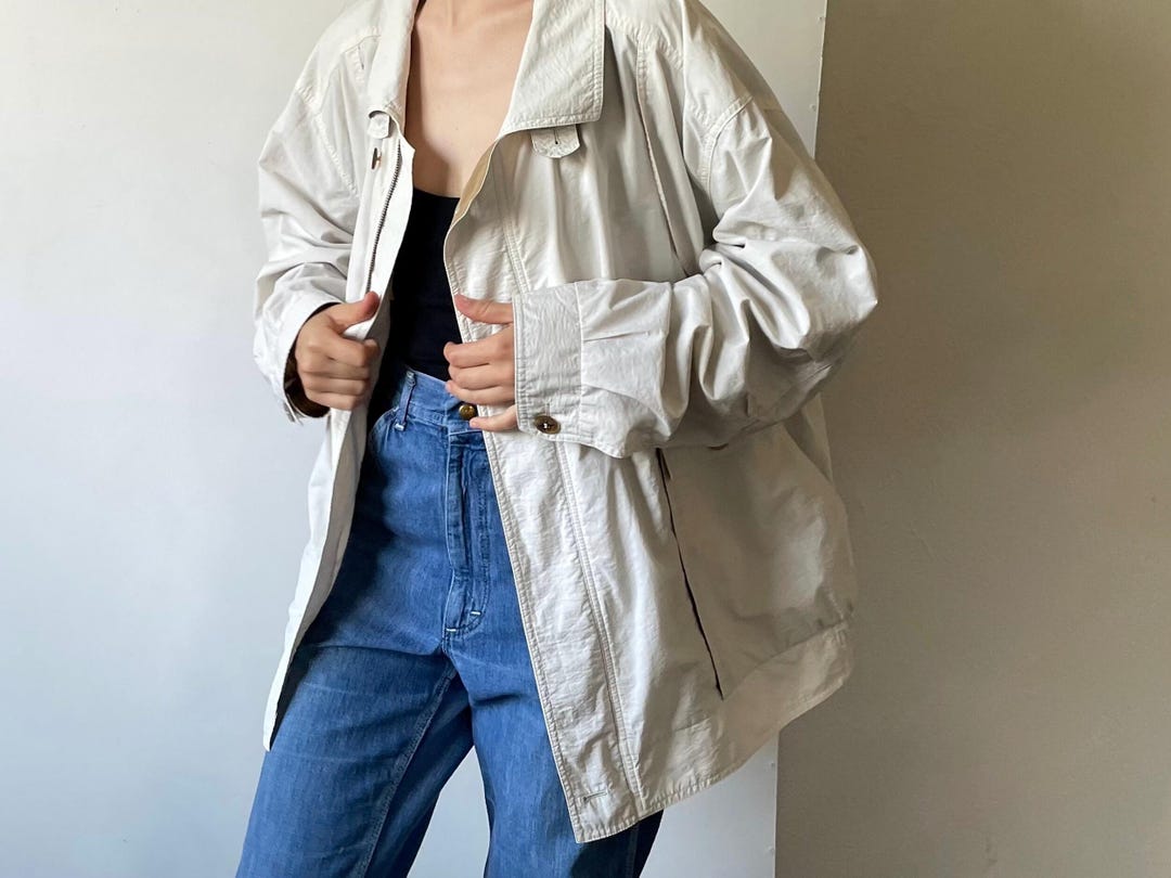 Vintage White Oversized Windbreaker Jacket, Collared Loose Fit Jacket ...