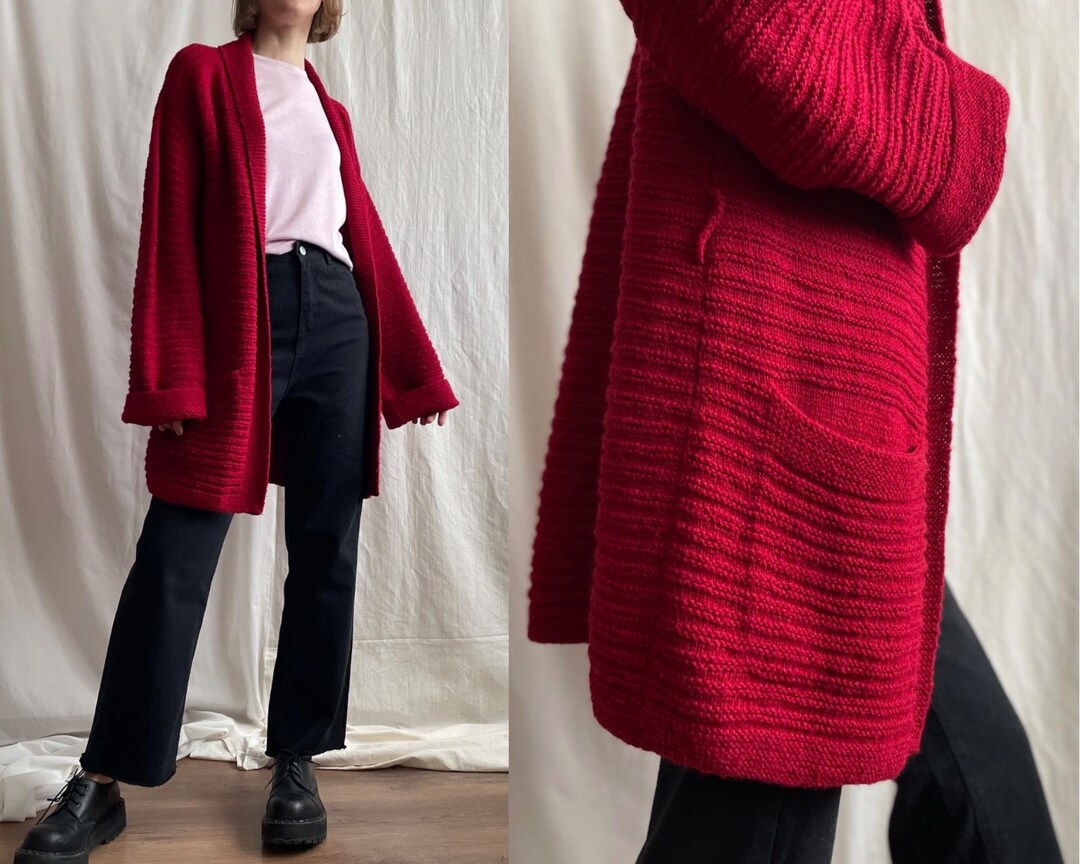 Vintage Knitted Wide Sleeve Red Cardigan, Open Front Cardigan Coat ...