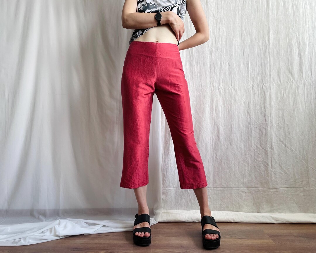Vintage Silk Mid-calf Capri Pants, 90s Y2K Slim Fitted Pink Silk ...
