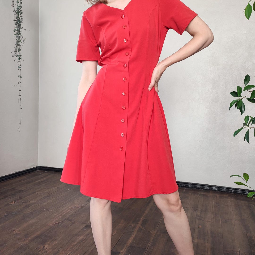Vintage Red Button up Back Tie Dress - 90s Flared Princess Cut - Size S ...