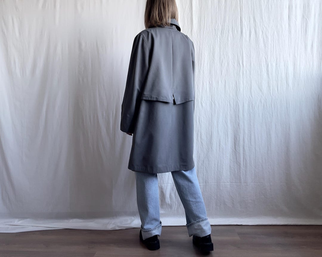 Vintage Convertible Collar 90s Zip-up Trench Coat in Textured Gray, Knee Length Single Breasted ...