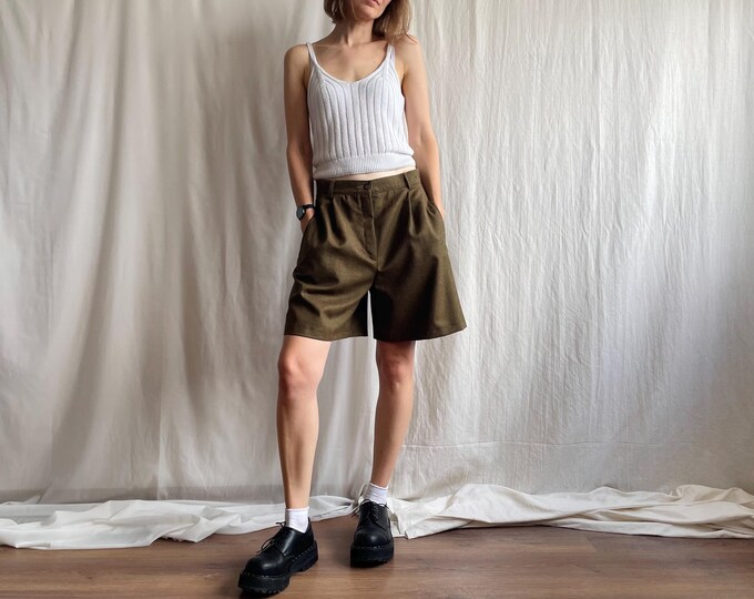 Vintage Pleated Wool Shorts in Muddy Green, 80s High/mid Waisted Wide ...