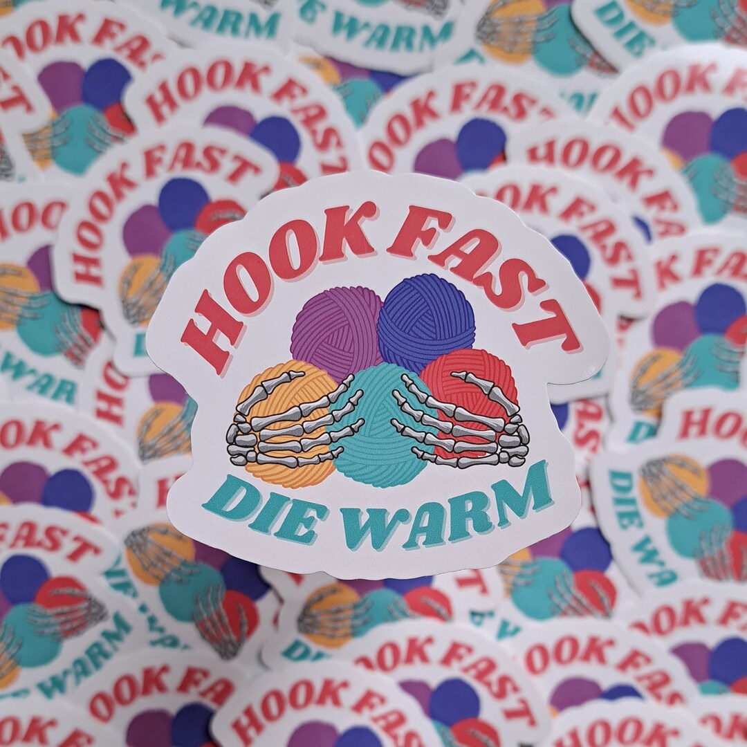 Funny Crochet Sticker // Spooky Skeleton Crochet Sticker, Hook Fast Die ...