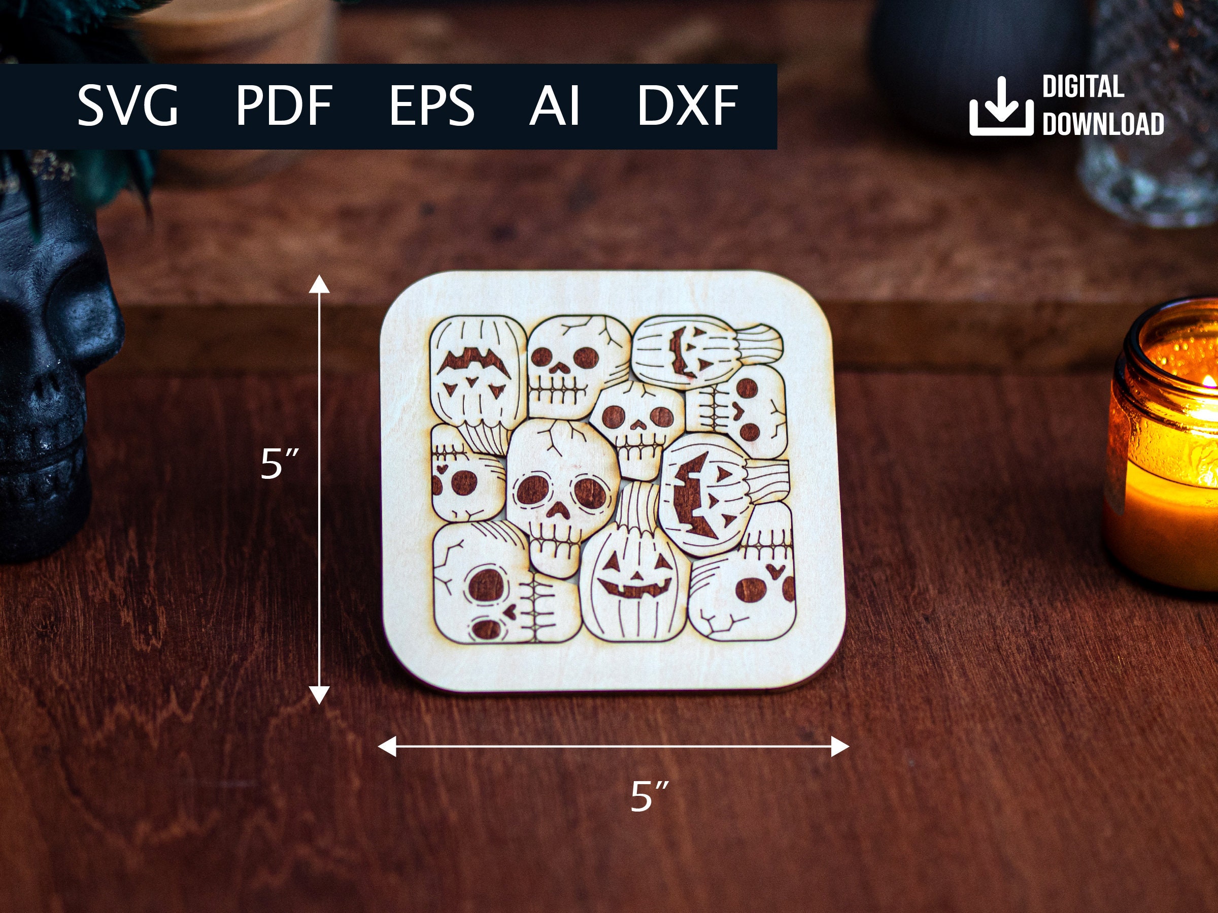 Wooden 5" X 5" Halloween Skulls and Pumpkins Puzzle - Digital Download ...