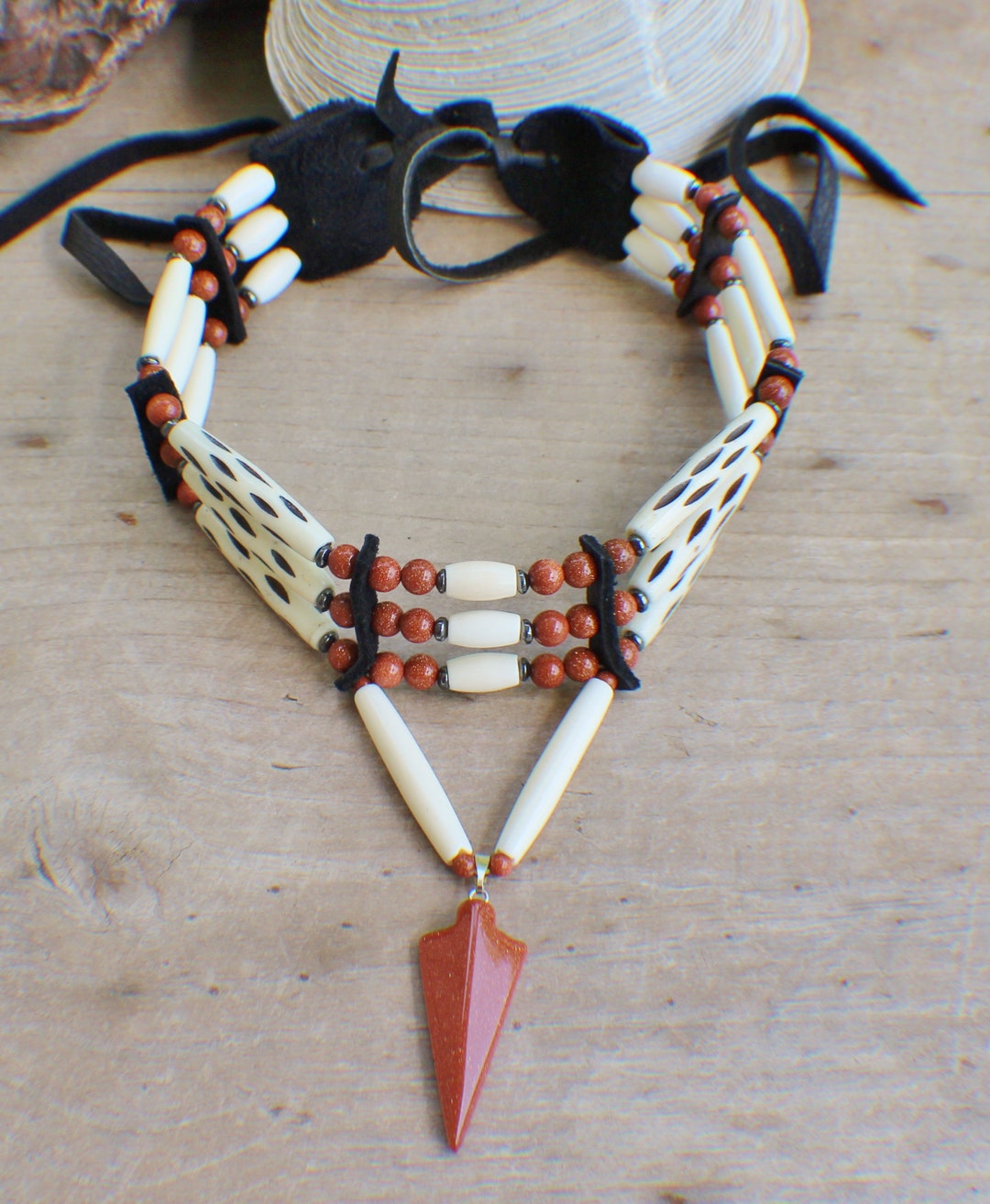 Native American Choker W/ Goldstone Arrowhead 3 Std Cherokee Made ...
