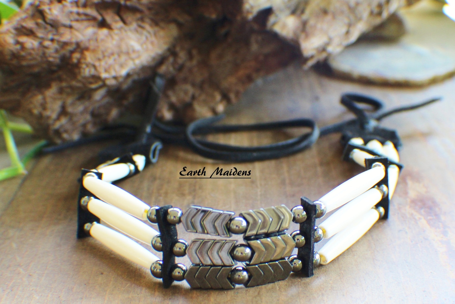 Native American 3 Std. Choker W/ White Bone & Hematite William Lattie ...